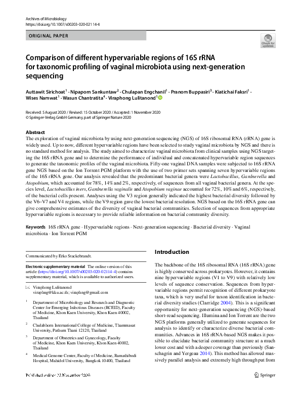 (PDF) Comparison of different hypervariable regions of 16S rRNA for ...