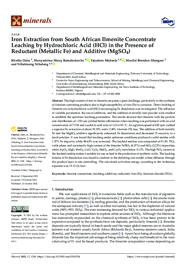(PDF) Iron Extraction from South African Ilmenite Concentrate Leaching ...