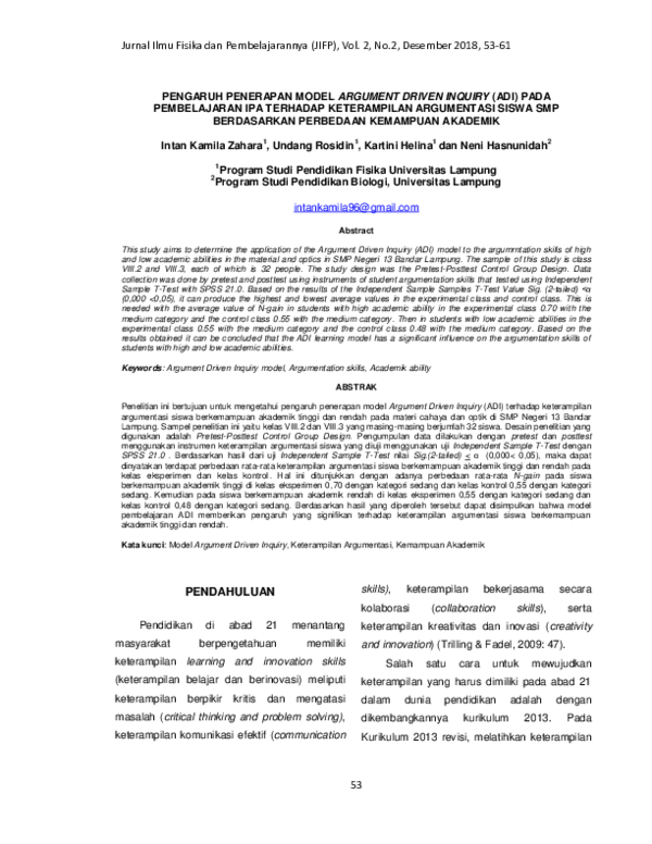 (PDF) Pengaruh Penerapan Model Argument Driven Inquiry (ADI) Pada Pembelajaran IPA Terhadap ...