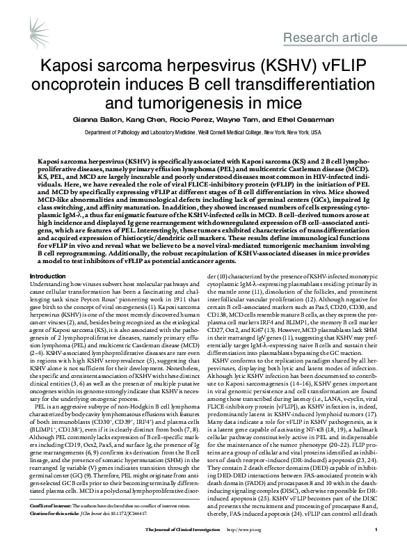 (PDF) Kaposi sarcoma herpesvirus (KSHV) vFLIP oncoprotein induces B cell transdifferentiation ...