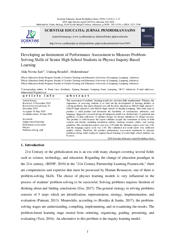 (PDF) Developing an Instrument of Performance Assessment to Measure Problem-Solving Skills of ...