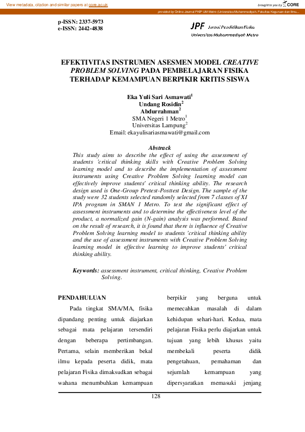 (PDF) Efektivitas Instrumen Asesmen Model Creative Problem Solving Pada Pembelajaran Fisika ...