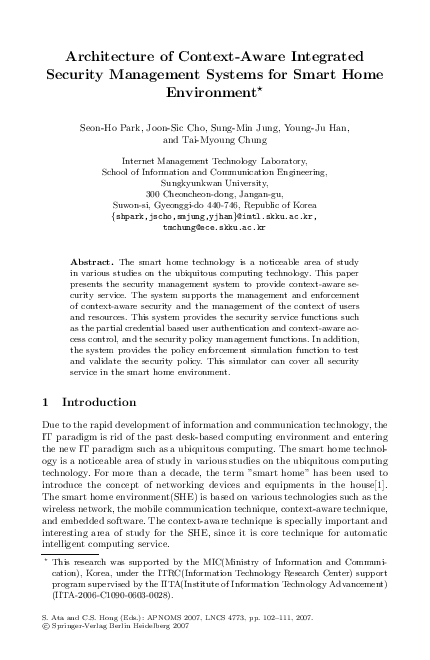 (PDF) Architecture of Context-Aware Integrated Security Management Systems for Smart Home ...