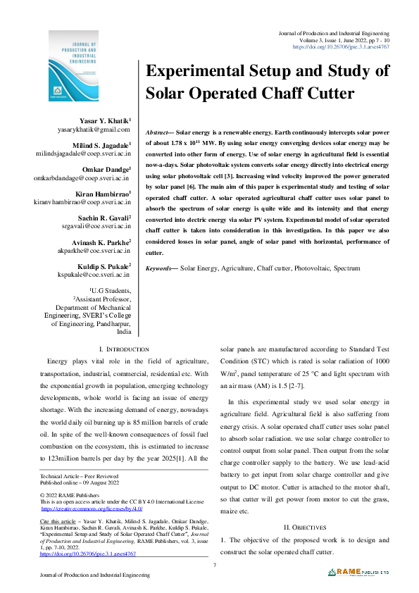(PDF) Experimental Setup and Study of Solar Operated Chaff Cutter
