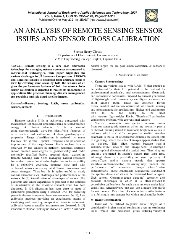 (PDF) An Analysis of Remote Sensing Sensor Issues and Sensor Cross Calibration