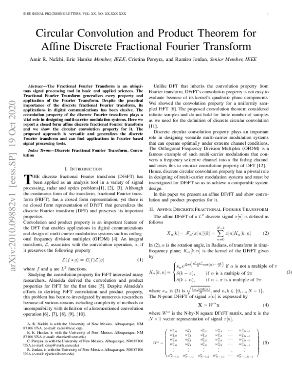 (PDF) Circular Convolution and Product Theorem for Affine Discrete Fractional Fourier Transform