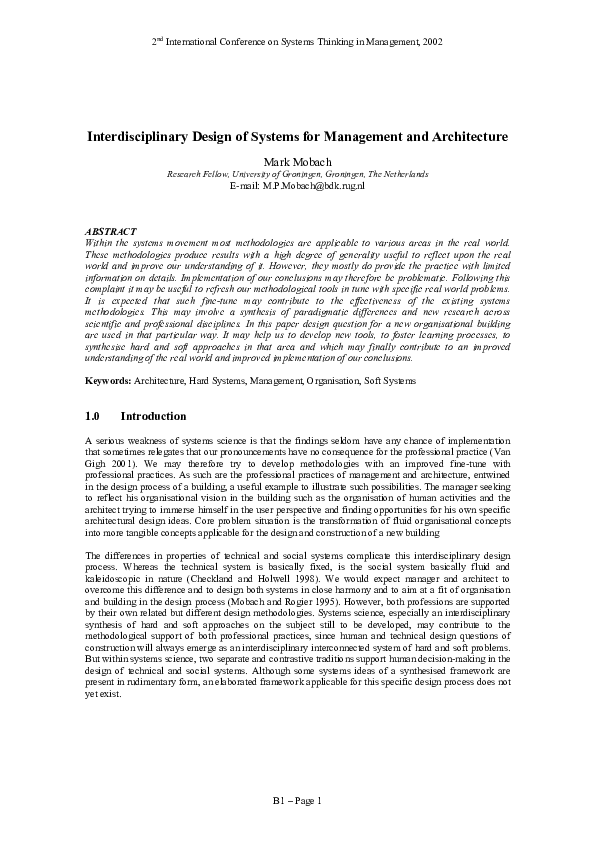 (PDF) Interdisciplinary design of systems for management and architecture (I)