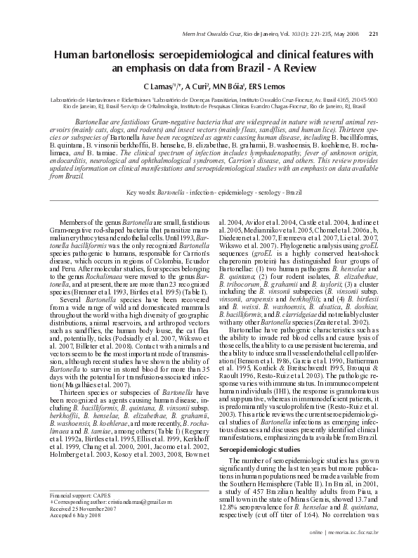 (PDF) Human bartonellosis: seroepidemiological and clinical features ...