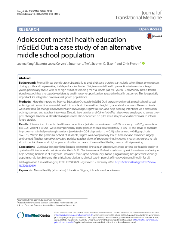 (PDF) Adolescent mental health education InSciEd Out: a case study of ...