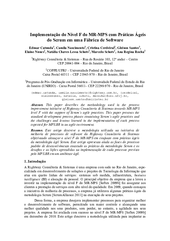 Pdf Implementação Do Nível F Do Mr Mps Com Práticas Ágeis Do Scrum Em