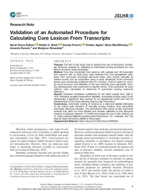 (PDF) Validation of an Automated Procedure for Calculating Core Lexicon From Transcripts
