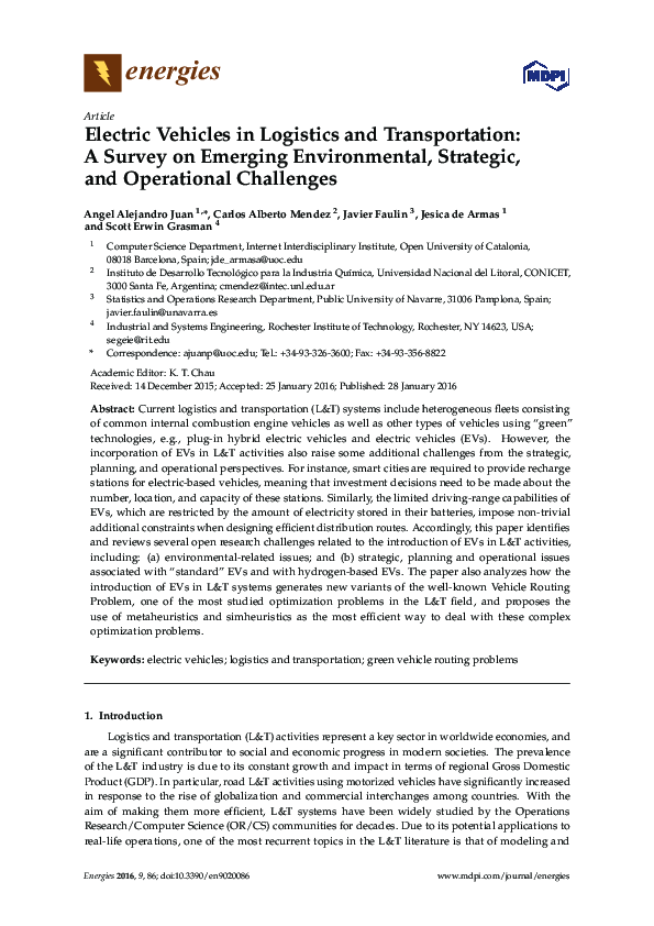 (PDF) Electric Vehicles in Logistics and Transportation: A Survey on Emerging Environmental ...