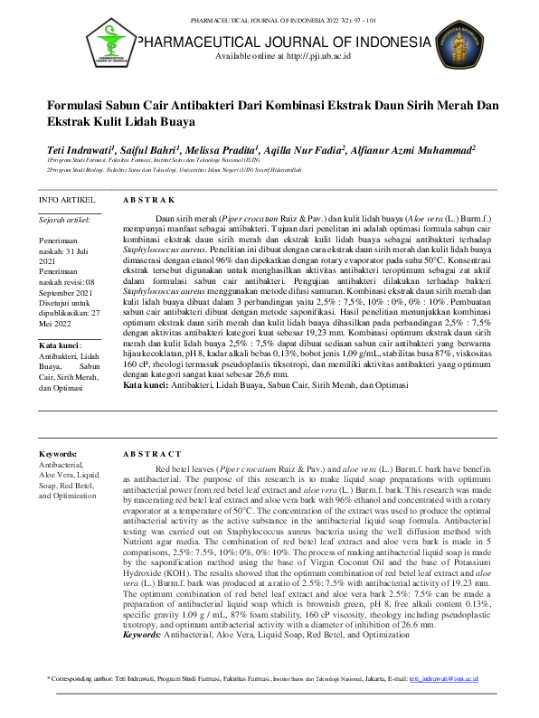 (PDF) Formulasi Sabun Cair Antibakteri Dari Kombinasi Ekstrak Daun Sirih Merah Dan Ekstrak Kulit ...