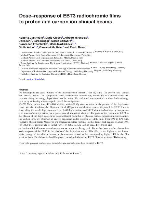 (PDF) Dose–response of EBT3 radiochromic films to proton and carbon ion clinical beams