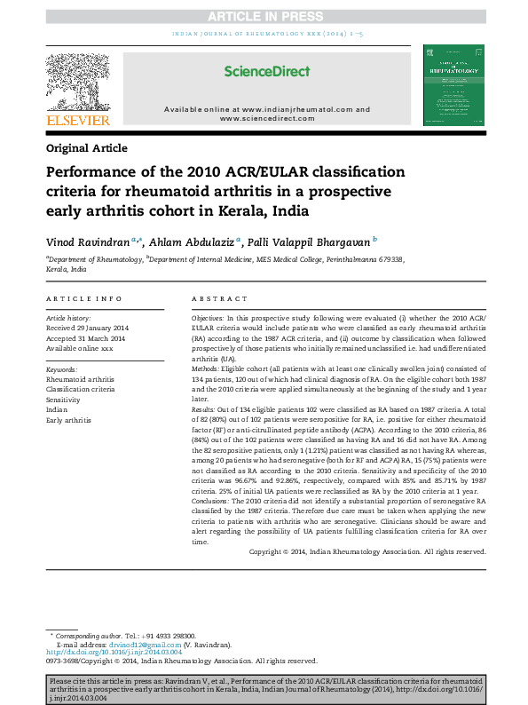 (PDF) Performance of the 2010 ACR/EULAR classification criteria for ...