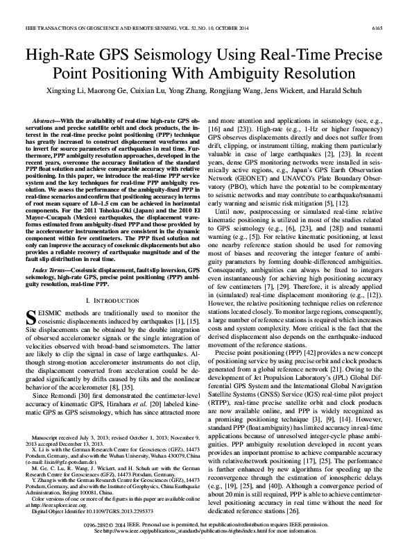 Pdf High Rate Gps Seismology Using Real Time Precise Point Positioning With Ambiguity
