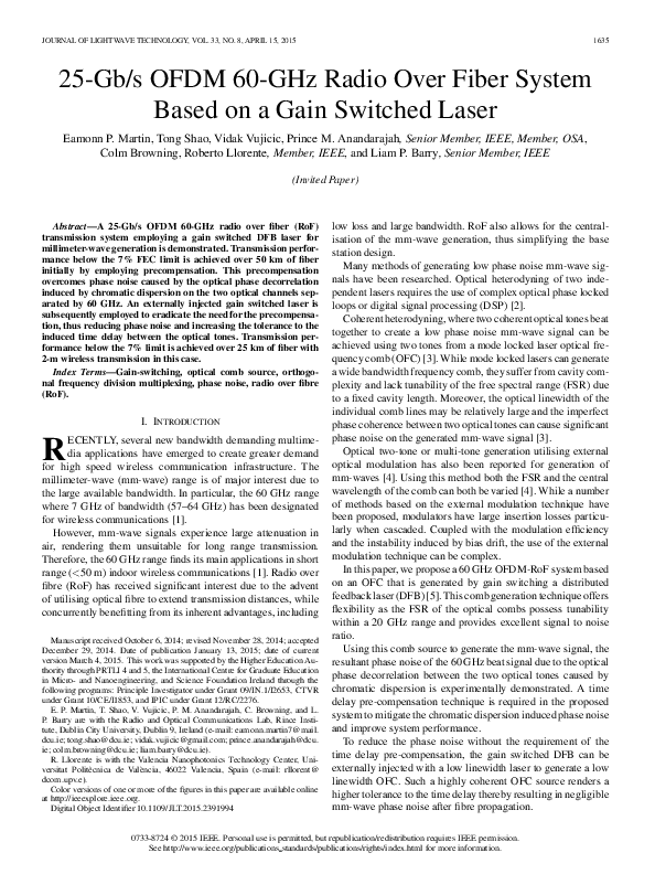 (PDF) 25-Gb/s OFDM 60-GHz Radio Over Fiber System Based on a Gain Switched Laser