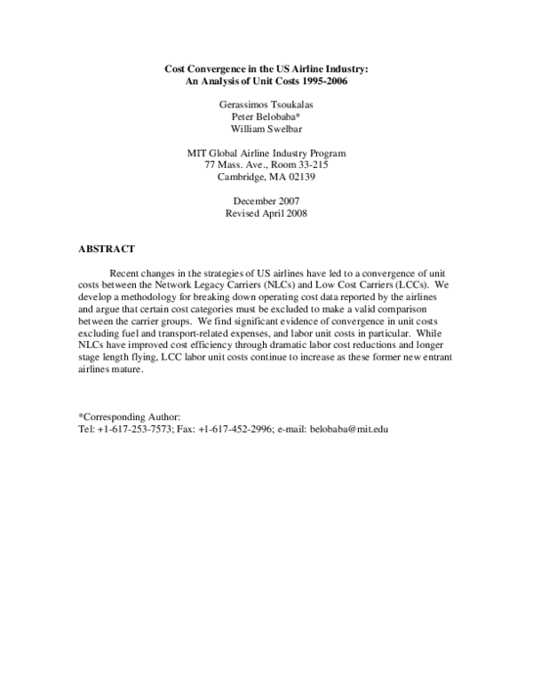 (PDF) Cost convergence in the US airline industry: An analysis of unit ...