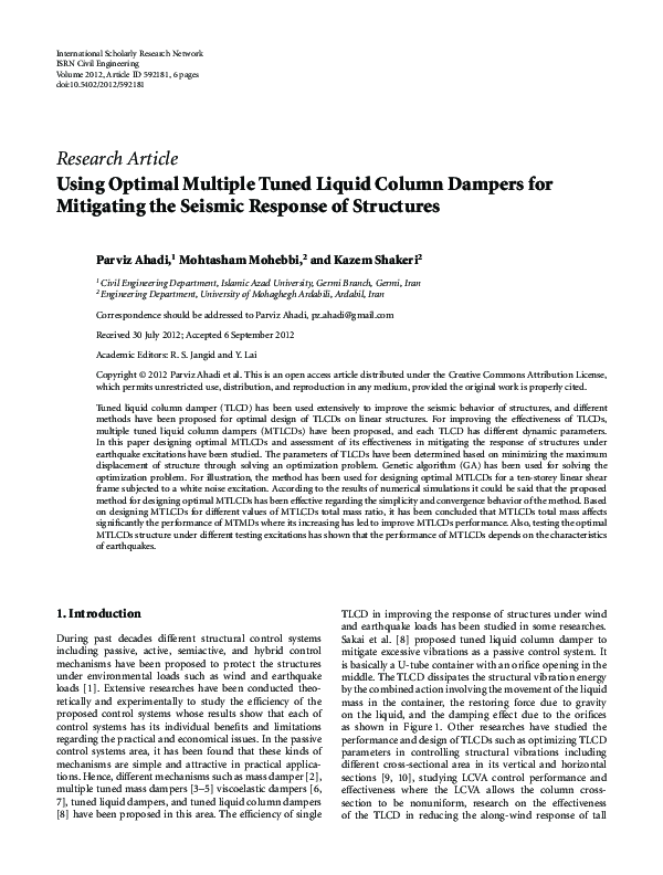 (PDF) Using Optimal Multiple Tuned Liquid Column Dampers for Mitigating the Seismic Response of ...
