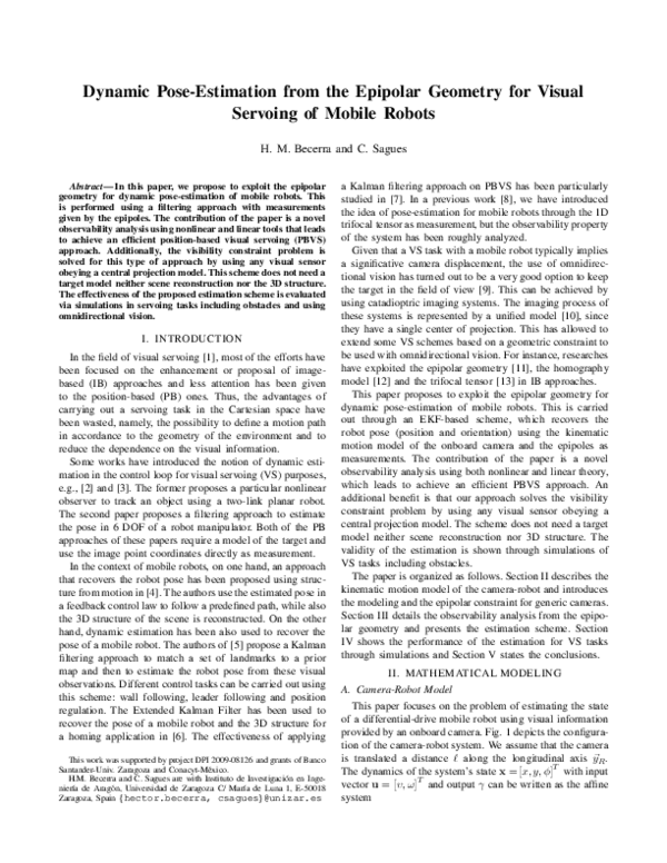 Pdf Dynamic Pose Estimation From The Epipolar Geometry For Visual Servoing Of Mobile Robots