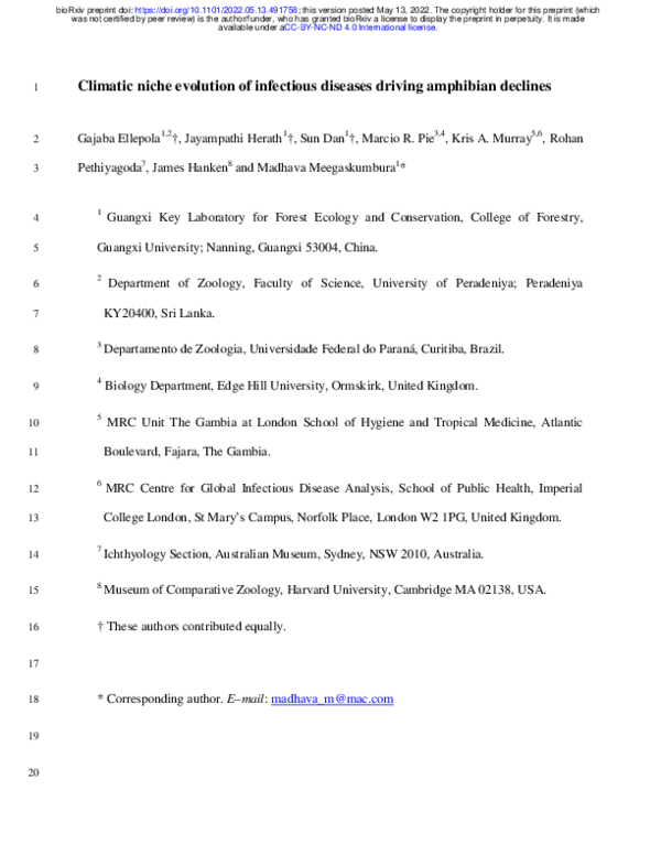 (PDF) Climatic niche evolution of infectious diseases driving amphibian ...