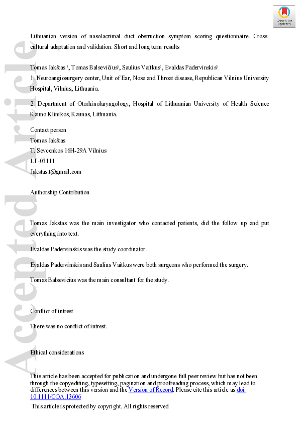 Pdf Lithuanian Version Of Nasolacrimal Duct Obstruction Symptom