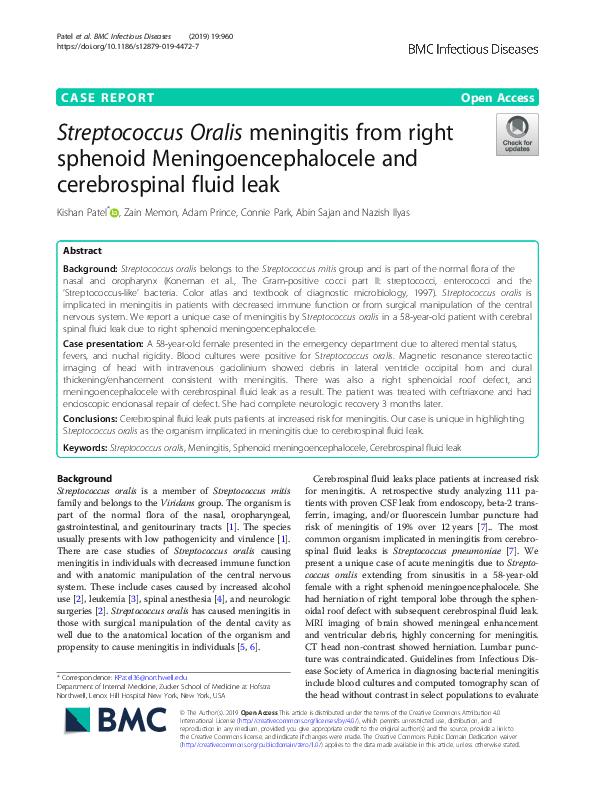 (PDF) Streptococcus Oralis meningitis from right sphenoid ...