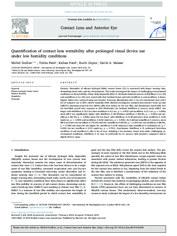 (PDF) Quantification of contact lens wettability after prolonged visual ...