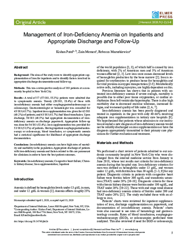 (PDF) Management of Iron-Deficiency Anemia on Inpatients and ...
