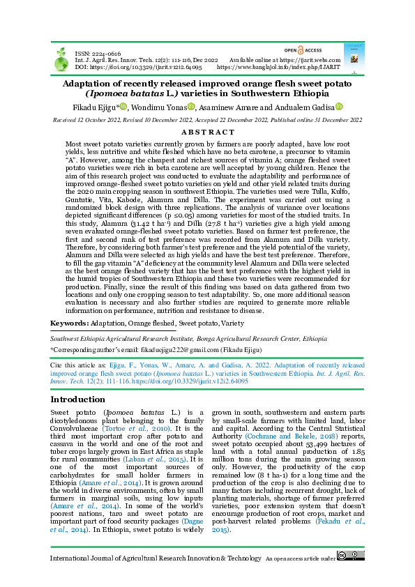 (PDF) Adaptation of recently released improved orange flesh sweet potato (Ipomoea batatas L ...