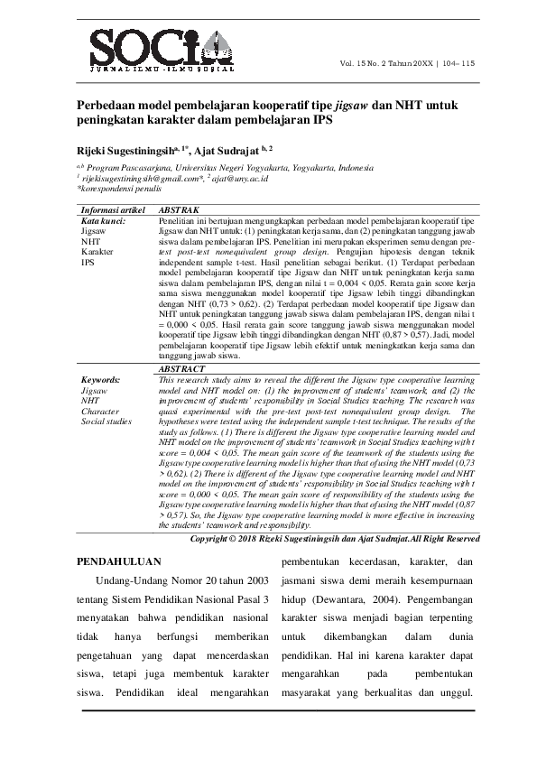 (PDF) Perbedaan model pembelajaran kooperatif tipe jigsaw dan NHT untuk peningkatan karakter ...