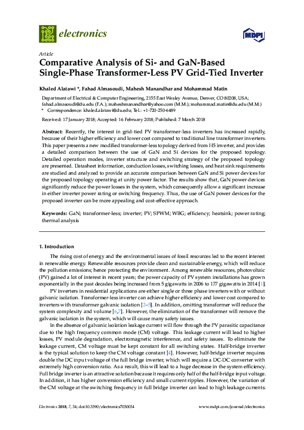 (PDF) Comparative Analysis of Si- and GaN-Based Single-Phase Transformer-Less PV Grid-Tied Inverter