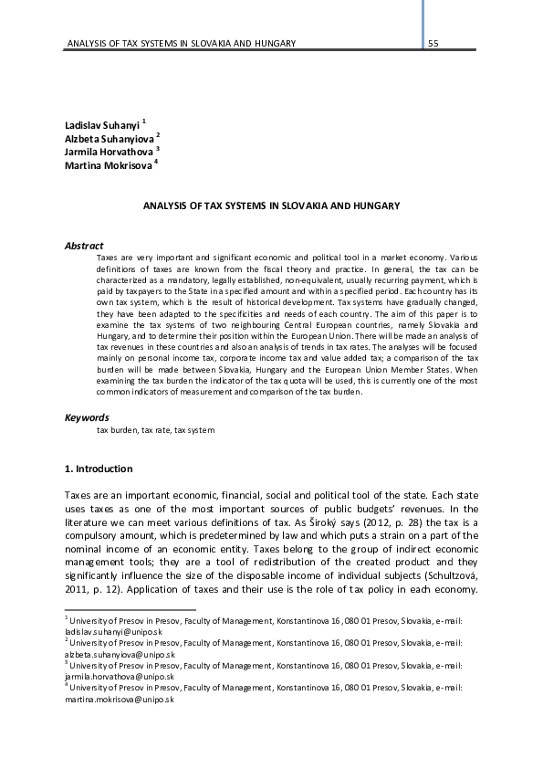 (PDF) Analysis of Tax Systems in Slovakia and Hungary