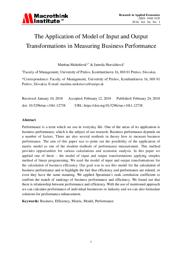 (PDF) The Application of Model of Input and Output Transformations in Measuring Business ...