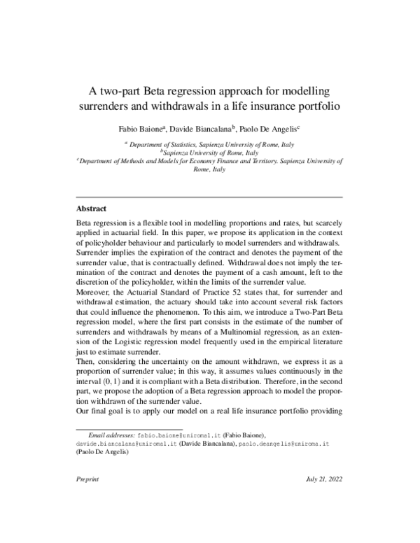 Pdf A Two Part Beta Regression Approach For Modeling Surrenders And Withdrawals In A Life