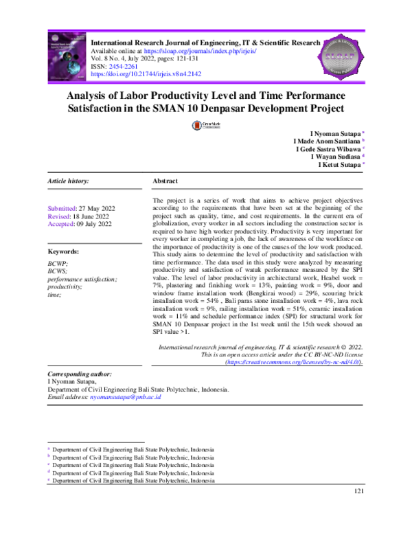 (PDF) Analysis of labor productivity level and time performance satisfaction in the SMAN 10 ...