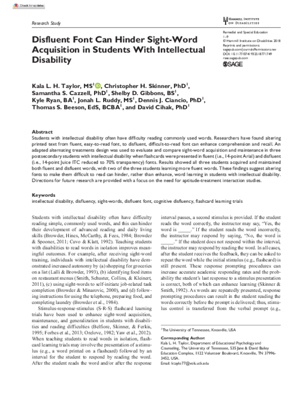 (PDF) Disfluent Font Can Hinder Sight-Word Acquisition in Students With ...