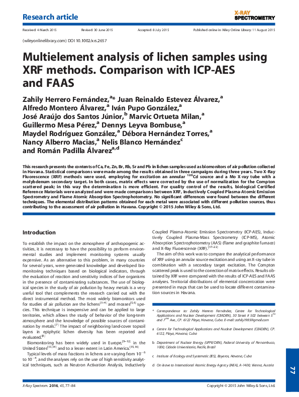 Multielement analysis of lichen samples using XRF methods. Comparison with ICP-AES and FAAS