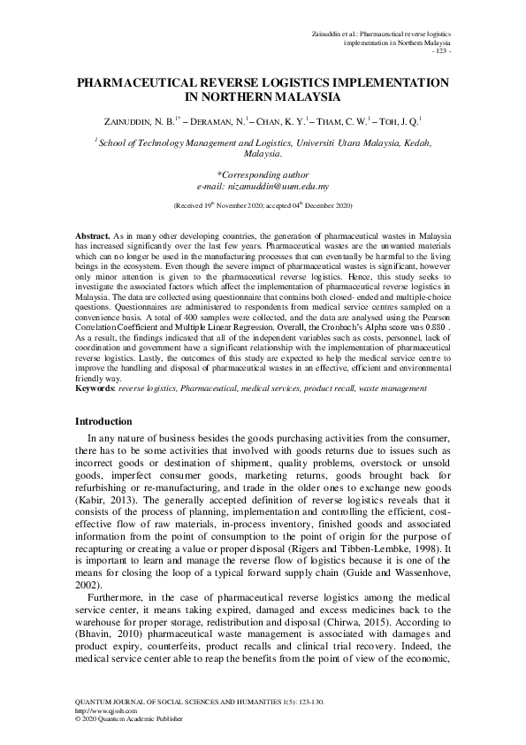 (PDF) Pharmaceutical Reverse Logistics Implementation in Northern Malaysia