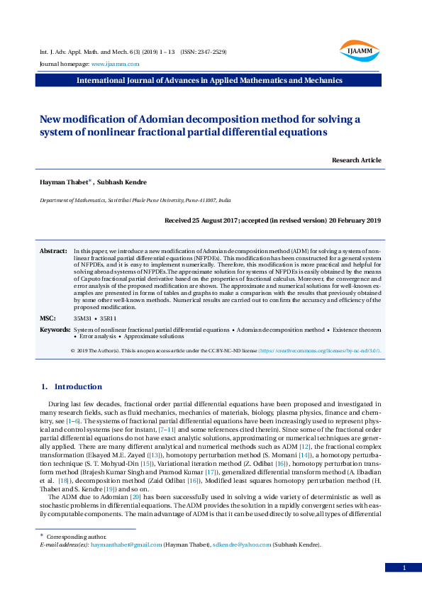 (PDF) New Modification of Adomian decomposition Method for Solving a System of Nonlinear ...