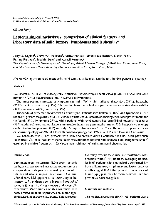(PDF) Leptomeningeal metastases: Comparison of clinical features and laboratory data of solid ...