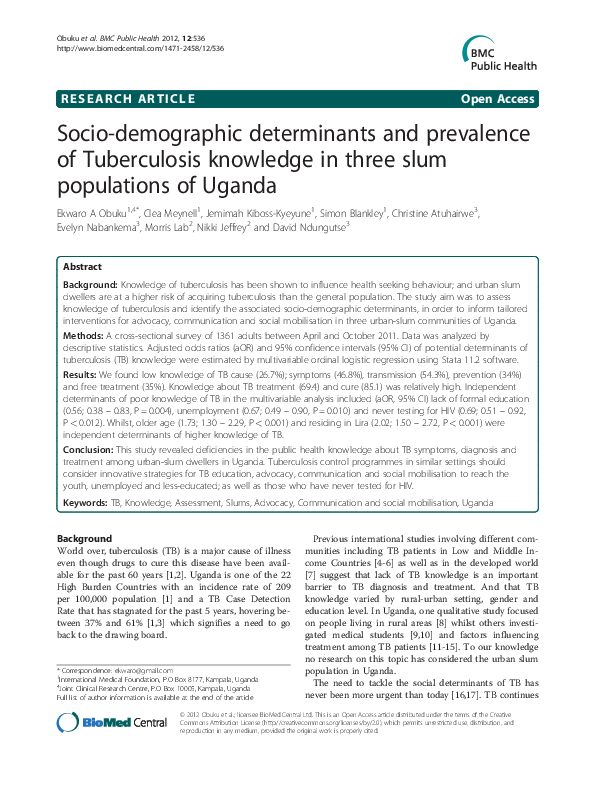(PDF) Socio-demographic determinants and prevalence of Tuberculosis ...