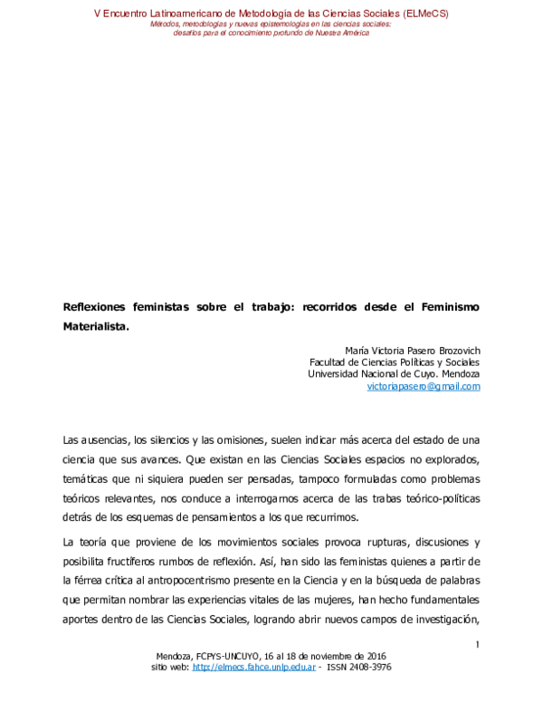 (PDF) Reflexiones feministas sobre el trabajo : Recorridos desde el Feminismo Materialista ...