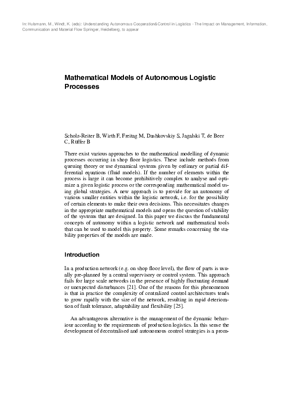 (PDF) Mathematical Models of Autonomous Logistic Processes