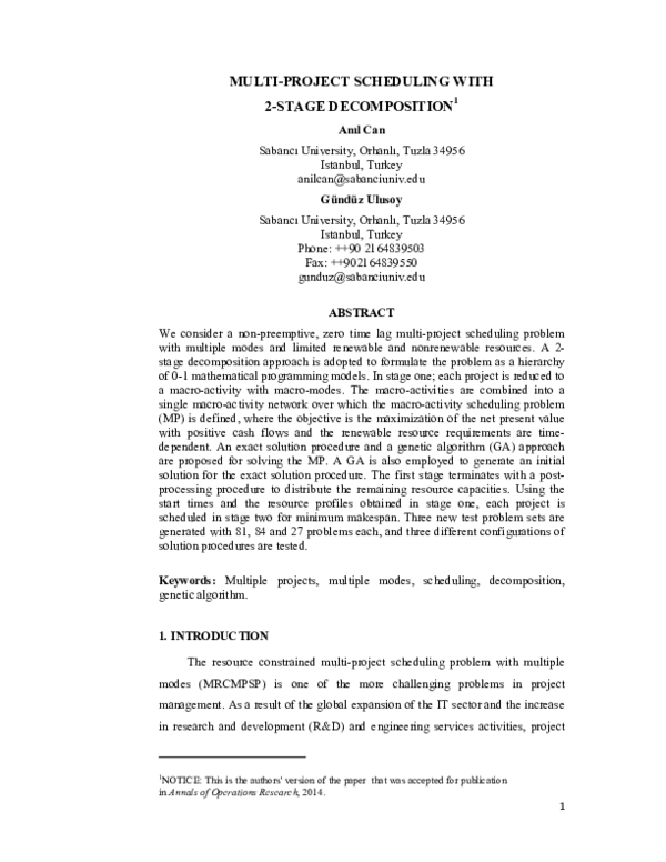 Pdf Multi Project Scheduling With Two Stage Decomposition