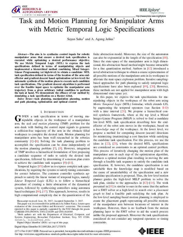 Pdf Task And Motion Planning For Manipulator Arms With Metric Temporal Logic Specifications
