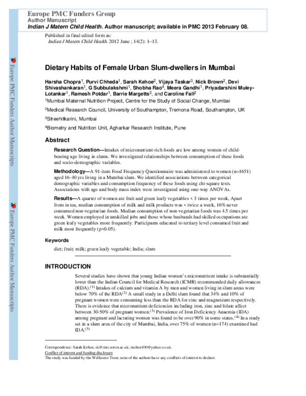 (PDF) Dietary Habits of Female Urban Slum-dwellers in Mumbai