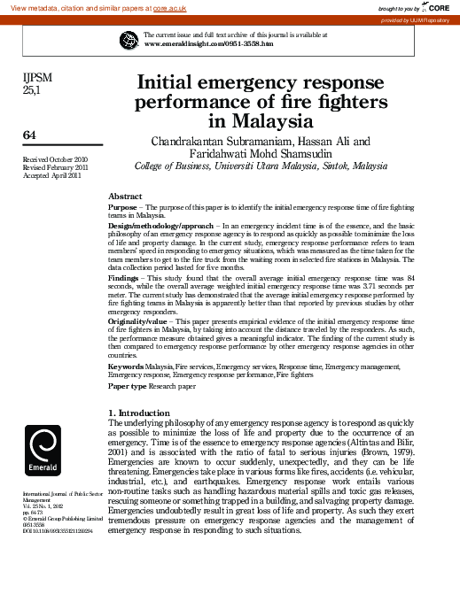 (PDF) Initial emergency response performance of fire fighters in Malaysia