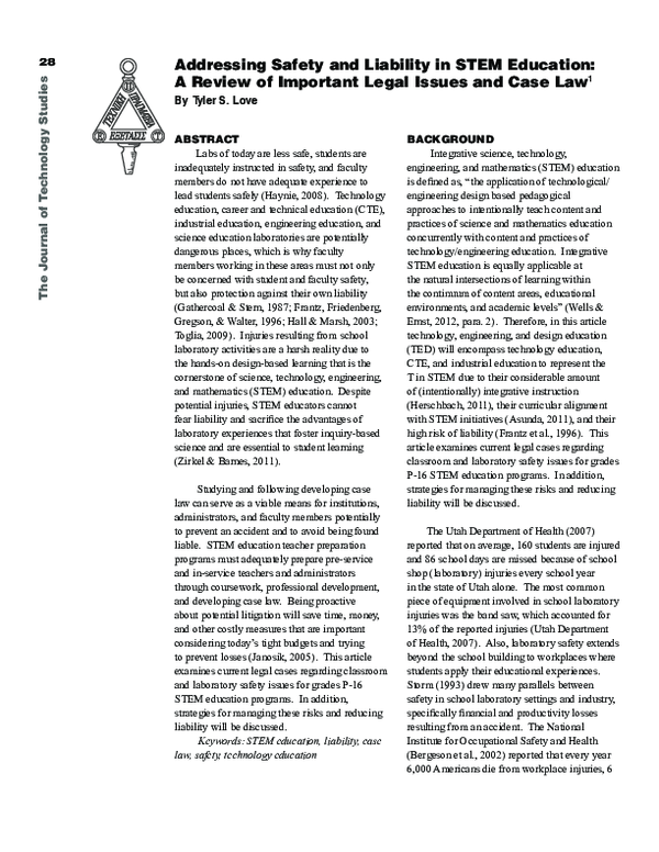 (PDF) Addressing Safety and Liability in {STEM} Education: A Review of Important Legal Issues ...