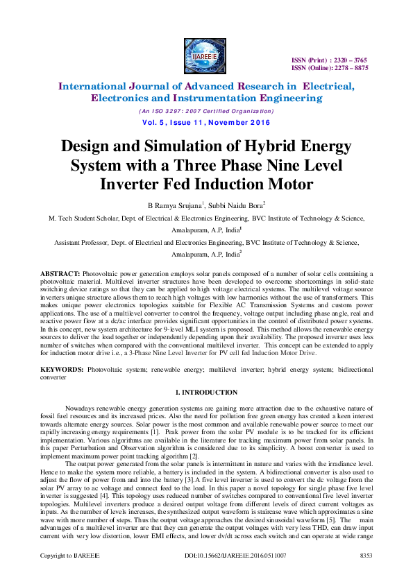 (PDF) Design and Simulation of Hybrid Energy System with a Three Phase Nine LevelInverter Fed ...